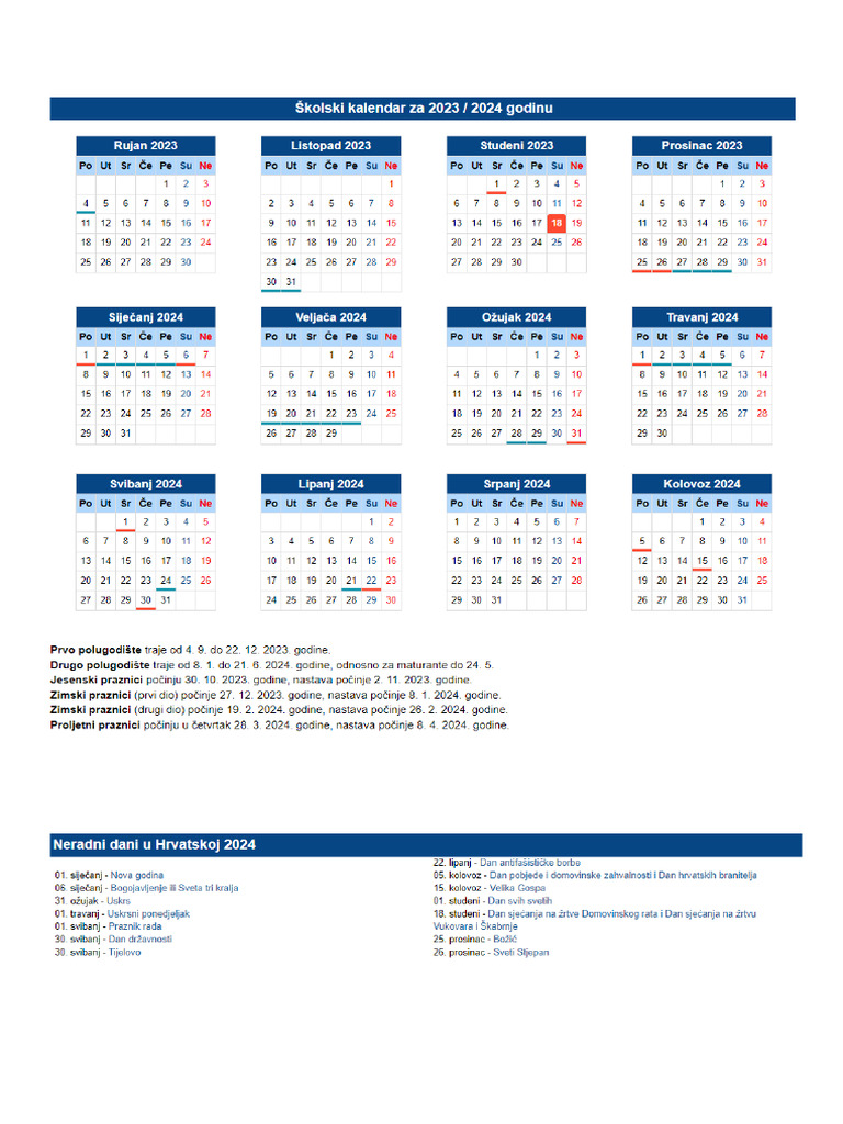 Školski Kalendar 2023 - 2024 | PDF