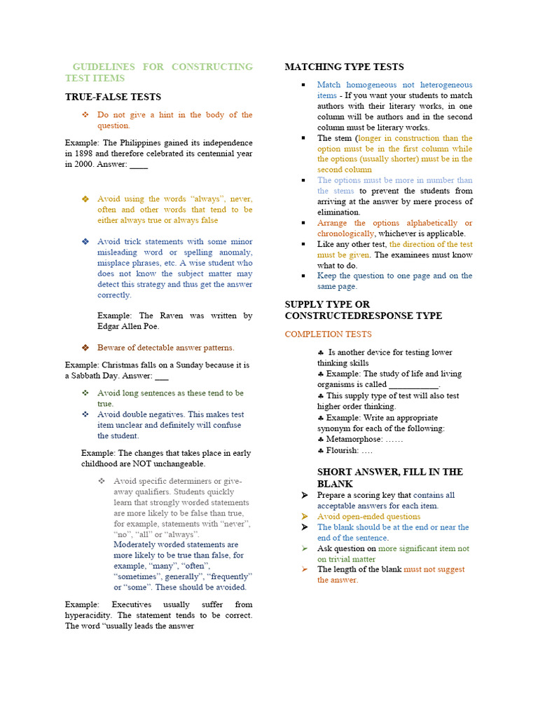 .1aGUIDELINES FOR CONSTRUCTING TEST ITEMS | PDF | Multiple Choice ...
