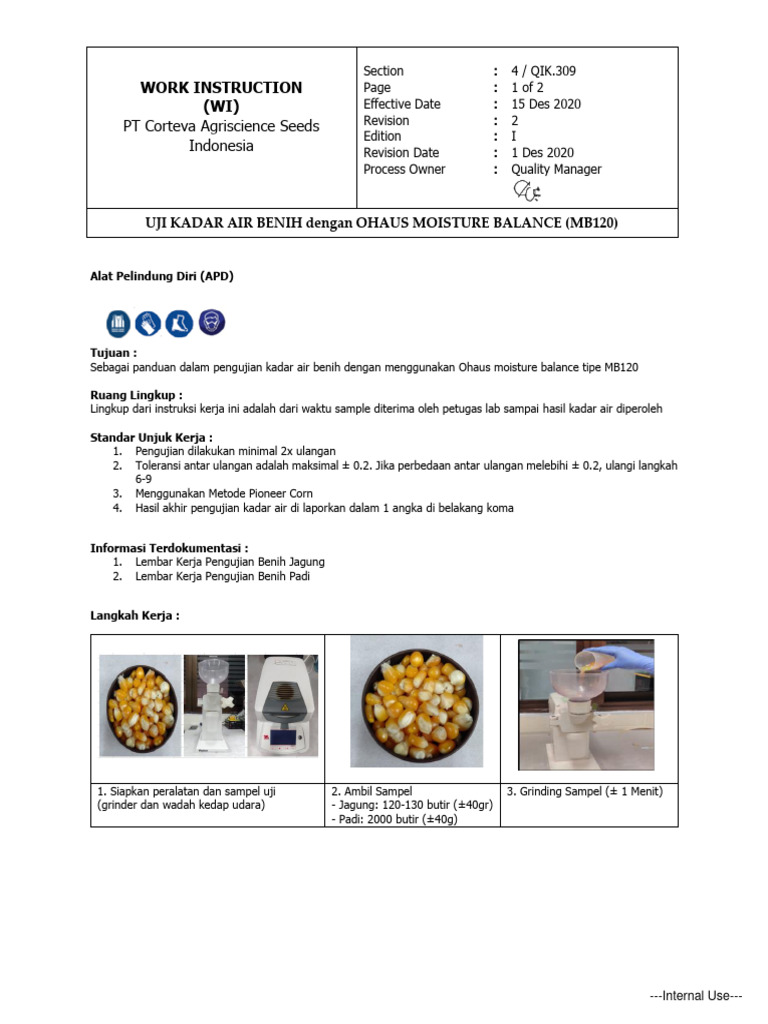 64.QIK.309 QLAB UJI KADAR AIR BENIH Dengan OHAUS MOISTURE BALANCE (MB120) R20 | PDF