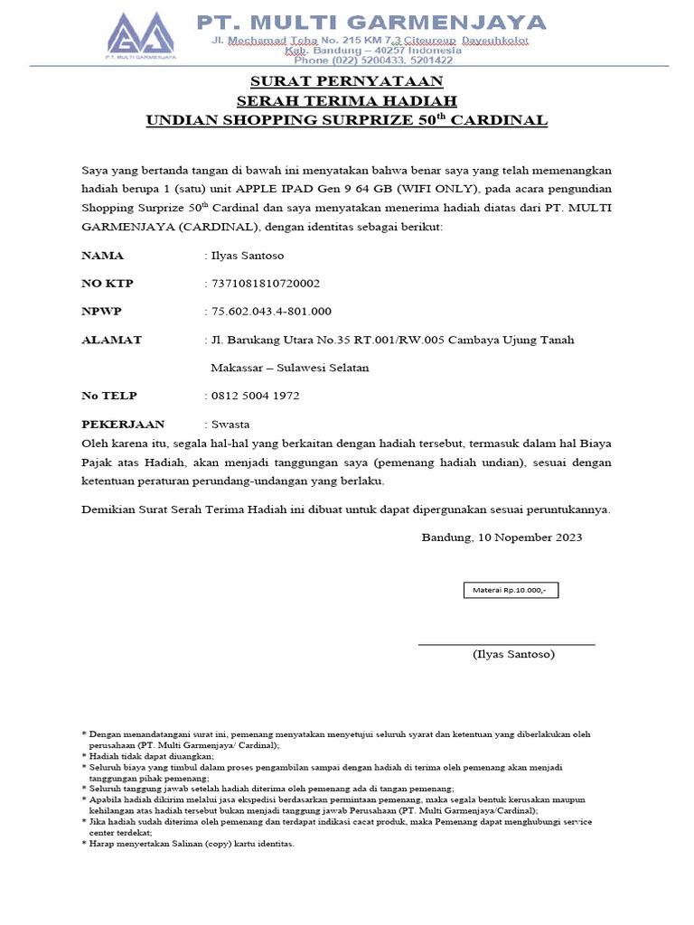 Surat Serah Terima Hadiah Undian 2023 | PDF