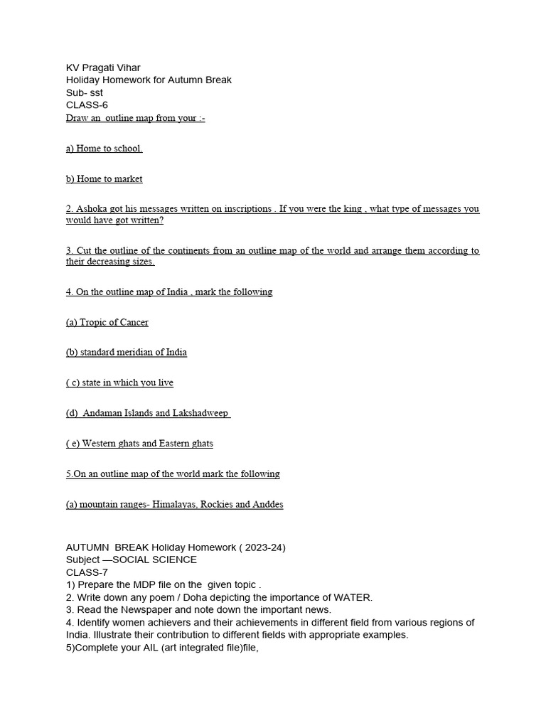 Autumn Break SST HHW 6-10 (2023-24) | PDF | Human Communication