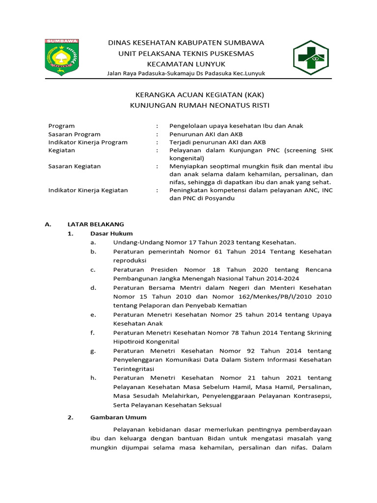 TOR Pelayanan Dalam Kunjungan PNC (Screening SHK Kongenital) | PDF