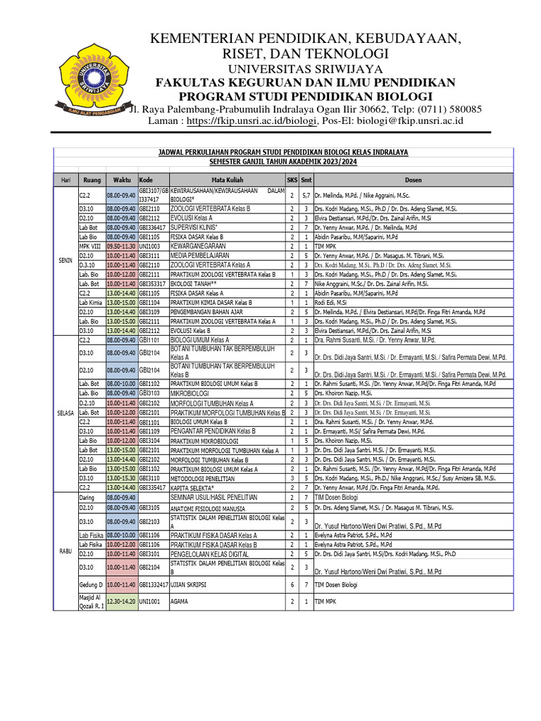 Jadwal Kuliah P. Biologi Ganjil 2023-2024 Kelas Indralaya Fix | PDF ...