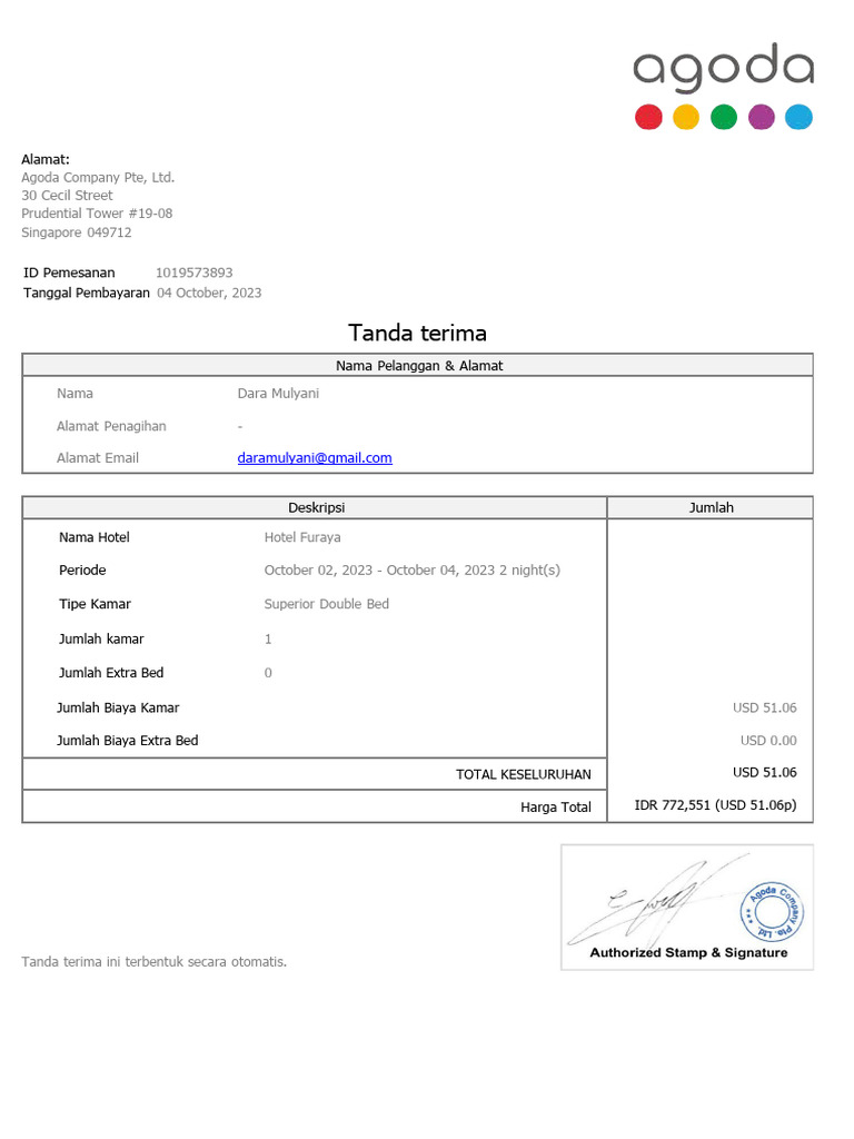 ID Pemesanan Agoda 1019573893 - BUKTI PEMBAYARAN Terlampir | PDF