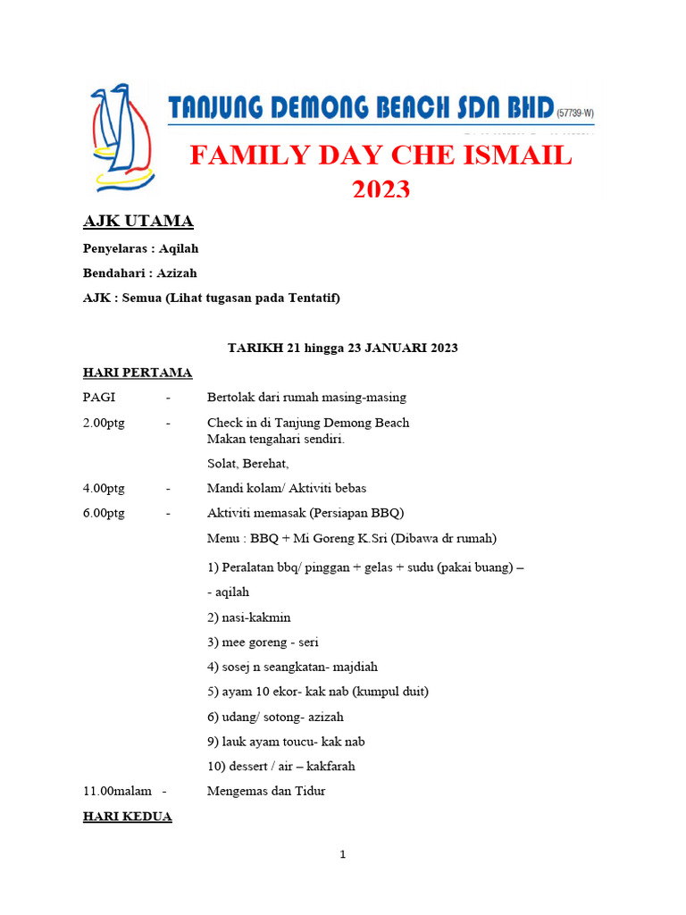 Itinerary Family Day Che Ismail | PDF