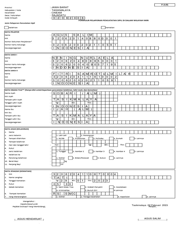 Form F2.01 Kelahiran Kematian | PDF