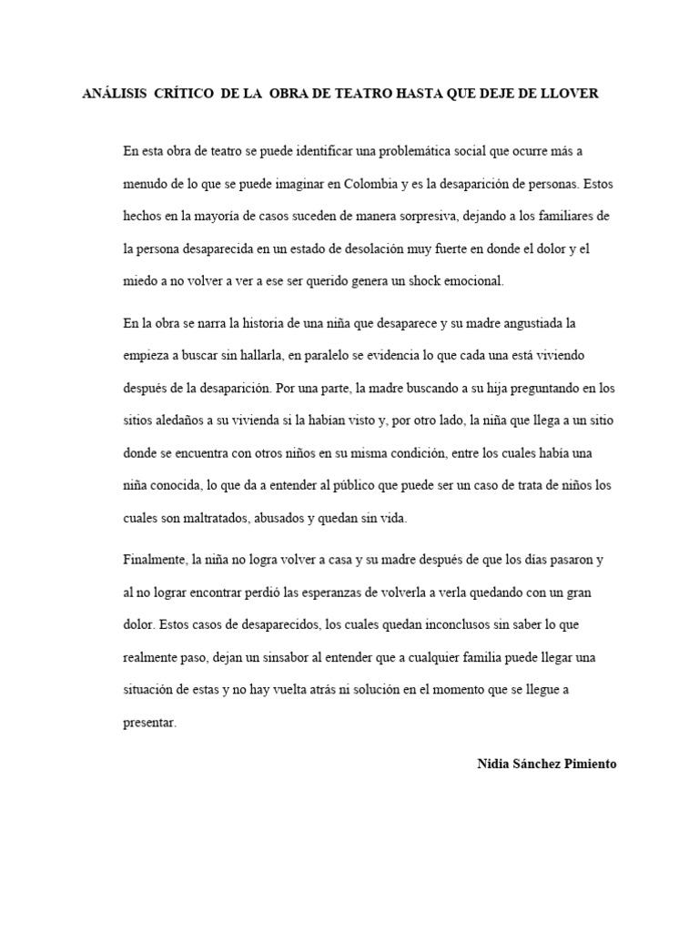 Analisis Critico Obra de Teatro Nidia Sanchez | PDF