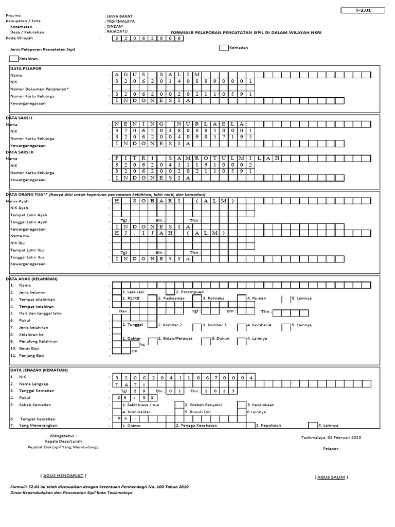 Form F2.01 Kelahiran Kematian | PDF