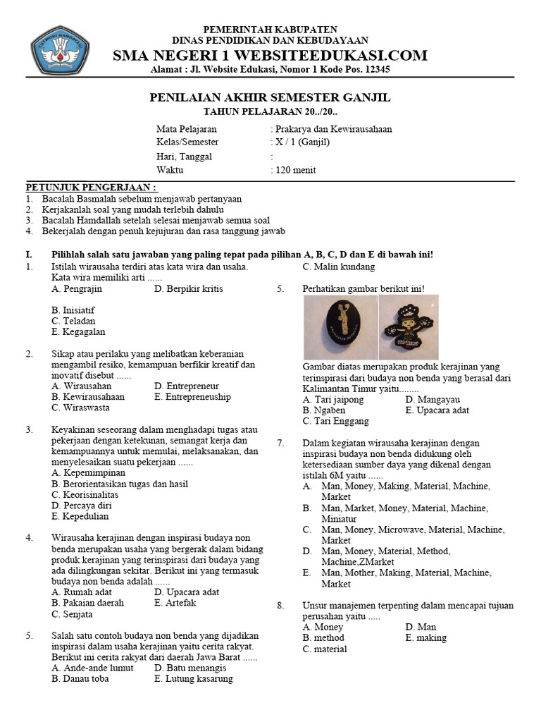 Sosl PAS Prakarya Dan Kewirausahaan Kelas X K13 | PDF