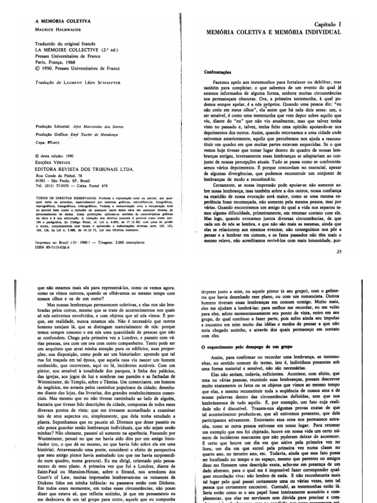 Halbwachs 1990 Memoria-Coletiva Memoria Individual Cap 1 | PDF