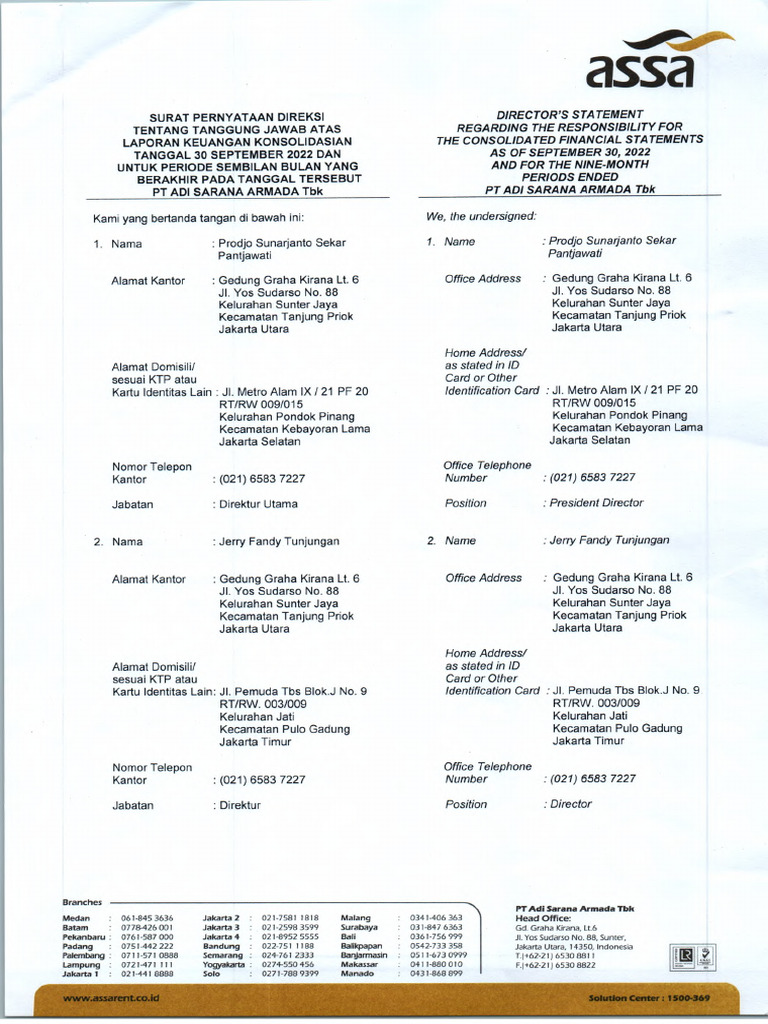 Surat Pernyataan Direksi Report September | PDF