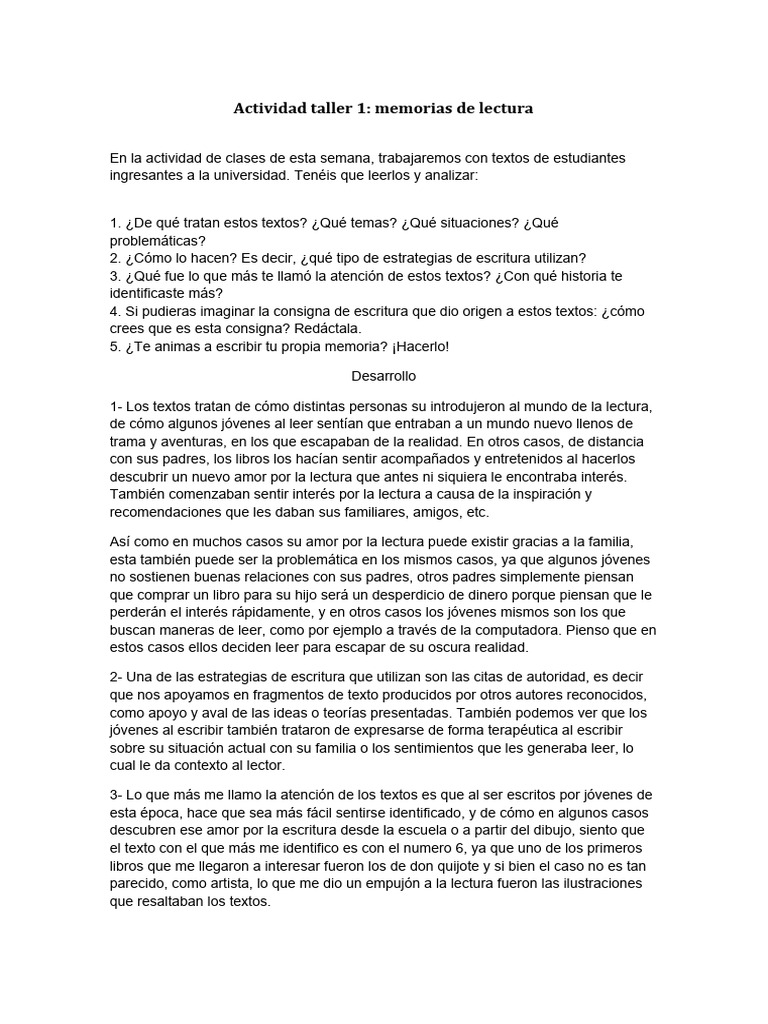 Actividad Taller 1 Memorias de Lectura | PDF | Amor