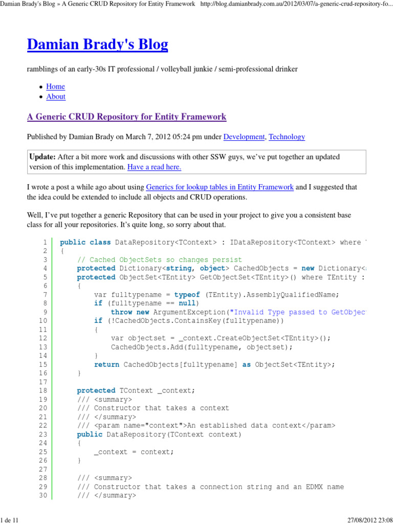 Damian Brady's Blog A Generic CRUD Repository For Entity Framework | PDF | Entity Framework ...
