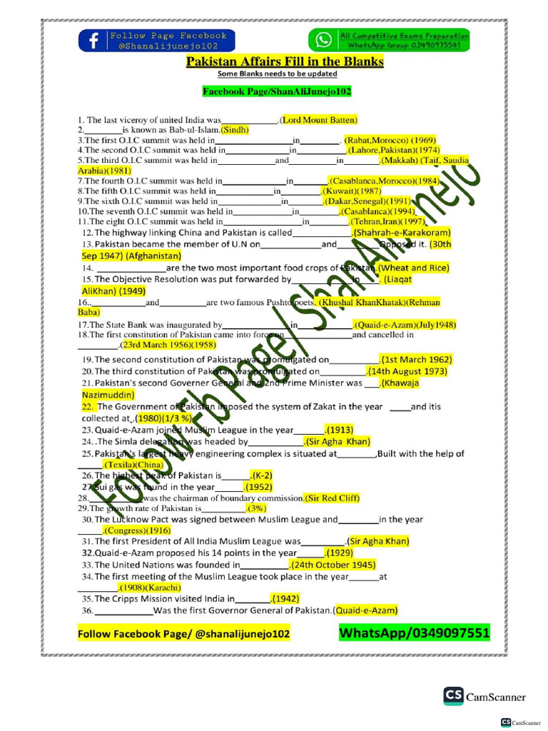 100 Most Repeated Pak Affairs Questions Pdf