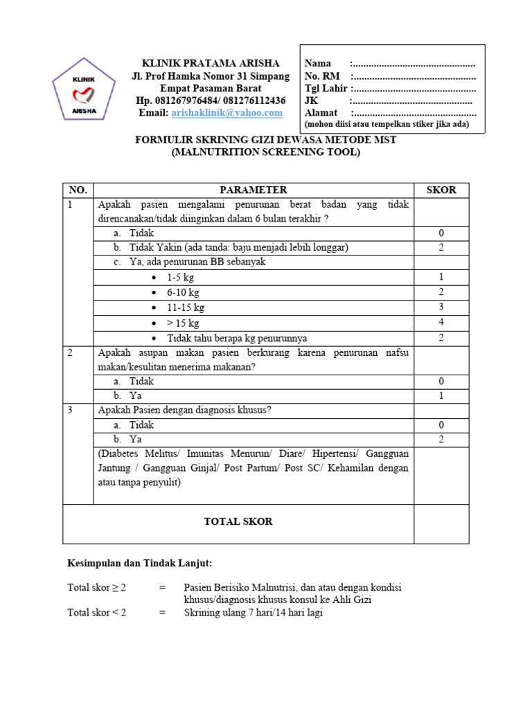 Form Skirining Gizi Dewasa - Klinik Pratama Arisha | PDF