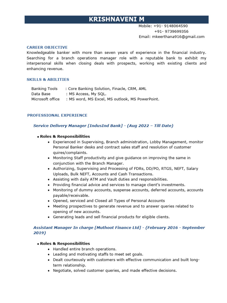 Krishnaveni M Resume Updated | PDF | Banks | Microsoft Access