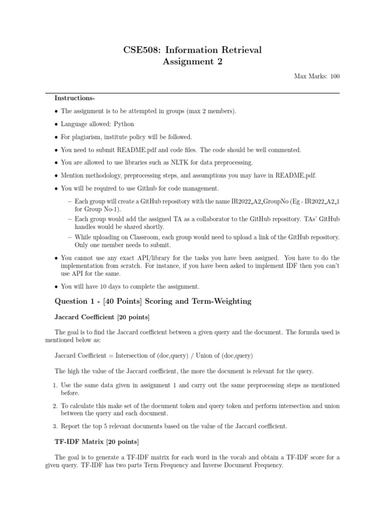 CSE508: Information Retrieval Assignment 2: Question 1 - (40 Points) Scoring and Term-Weighting ...