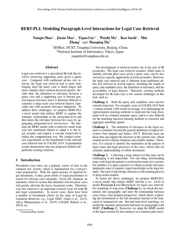 BERT - PLI-Modeling Paragraph-Level Interactions For Legal Case Retrieval | PDF | Information ...