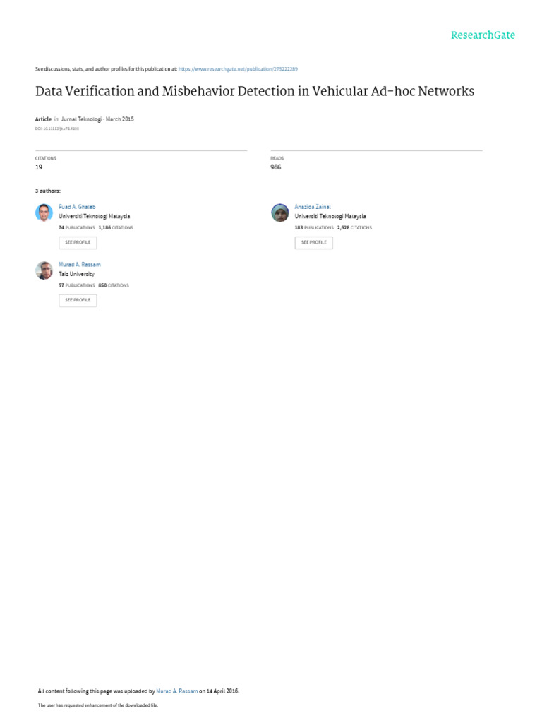 VANET Data Verification & Detection | PDF | Authentication | Wireless Ad Hoc Network