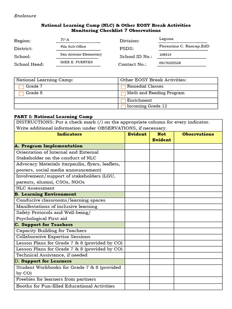 2 NLC Other EOSY Break Activities Monitoring Checklist Observations ...