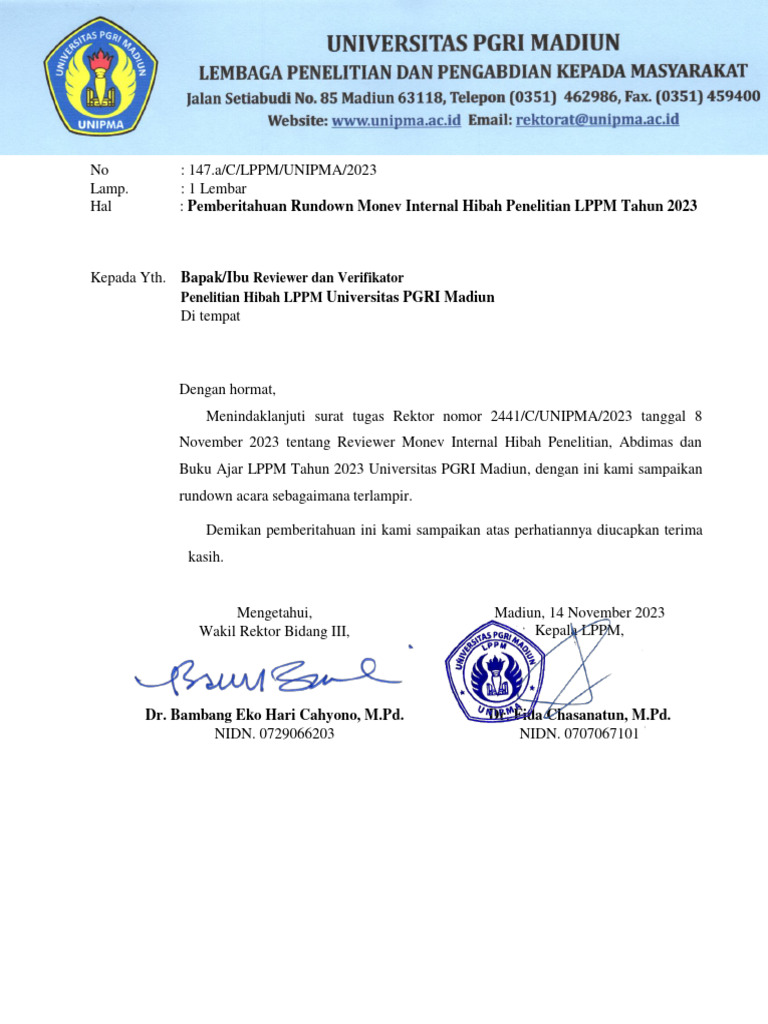 147.a Pemberitahuan Reviewer Dan Verifikator Penelitian Monev Initernal Hibah LPPM Tahun 2023 ...