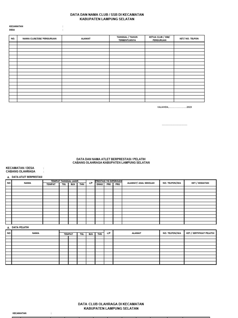 BLANGKO PENDATAAN Atlet | PDF