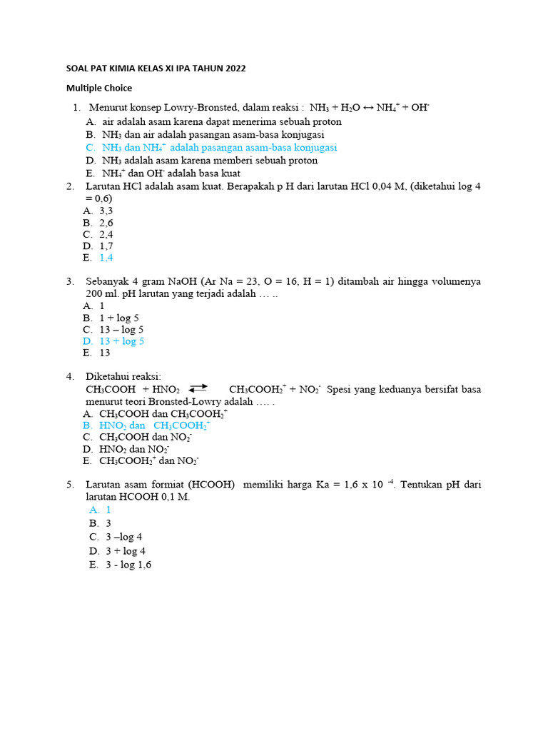 Soal Pat Kimia Kelas Xi Ipa Tahun 2022 Jawabannya | PDF