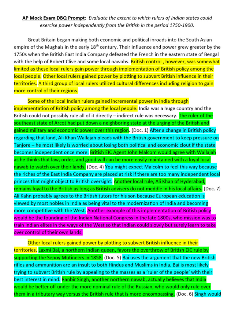 AP Mock Exam DBQ Model Essay - Key | PDF | British Raj | British Empire