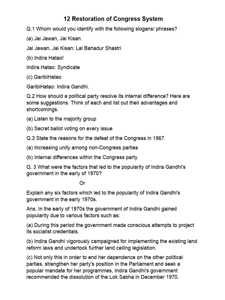 12 Notes Restoration of Congress System | PDF | Indian National ...