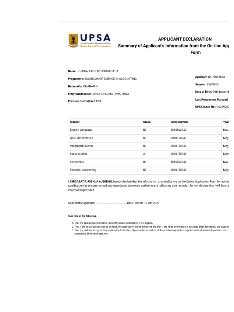 UPSA - Admissions | PDF