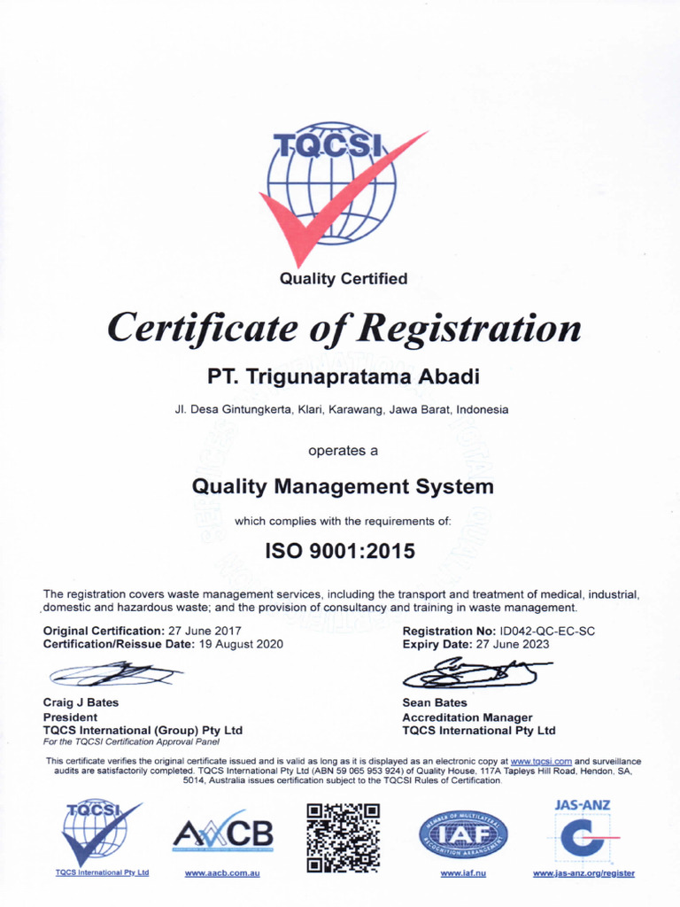 Sertifikat Mutu Pt. Triguna | PDF