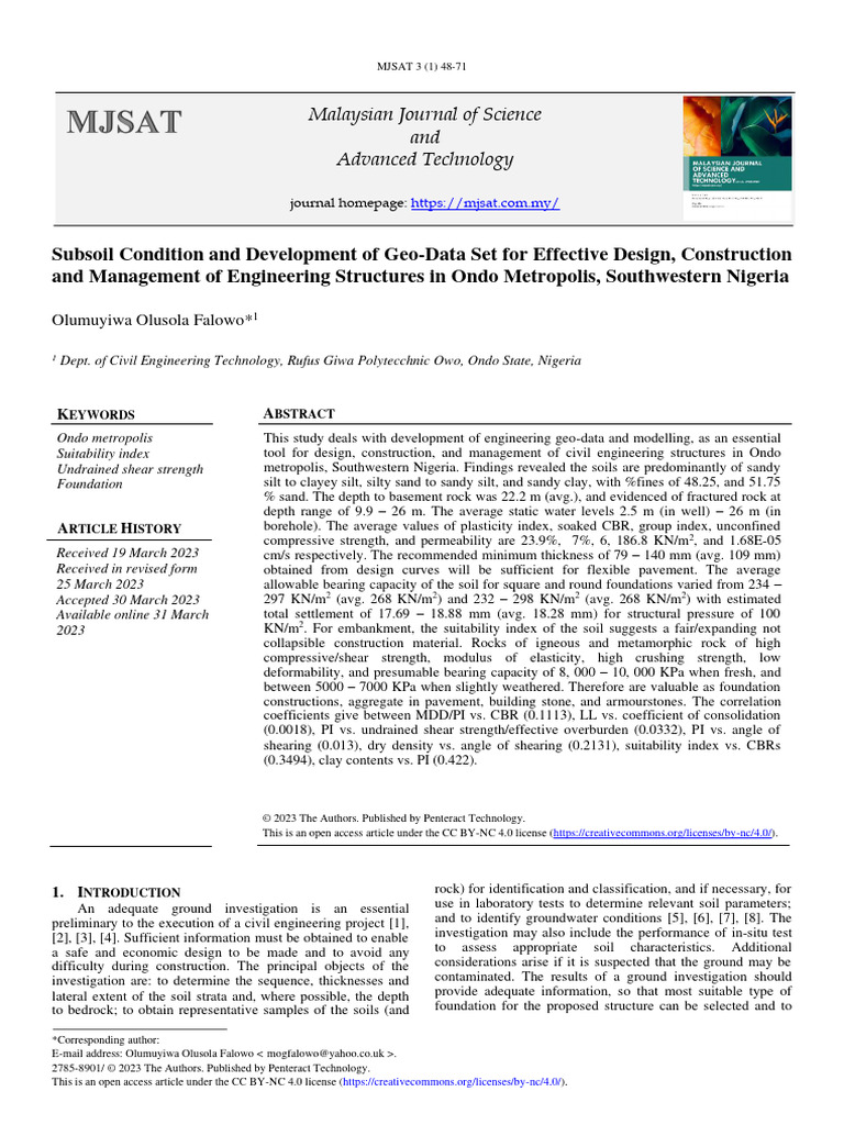 2023 Subsoil Condition and Development of Geo-Data Set For Effective ...