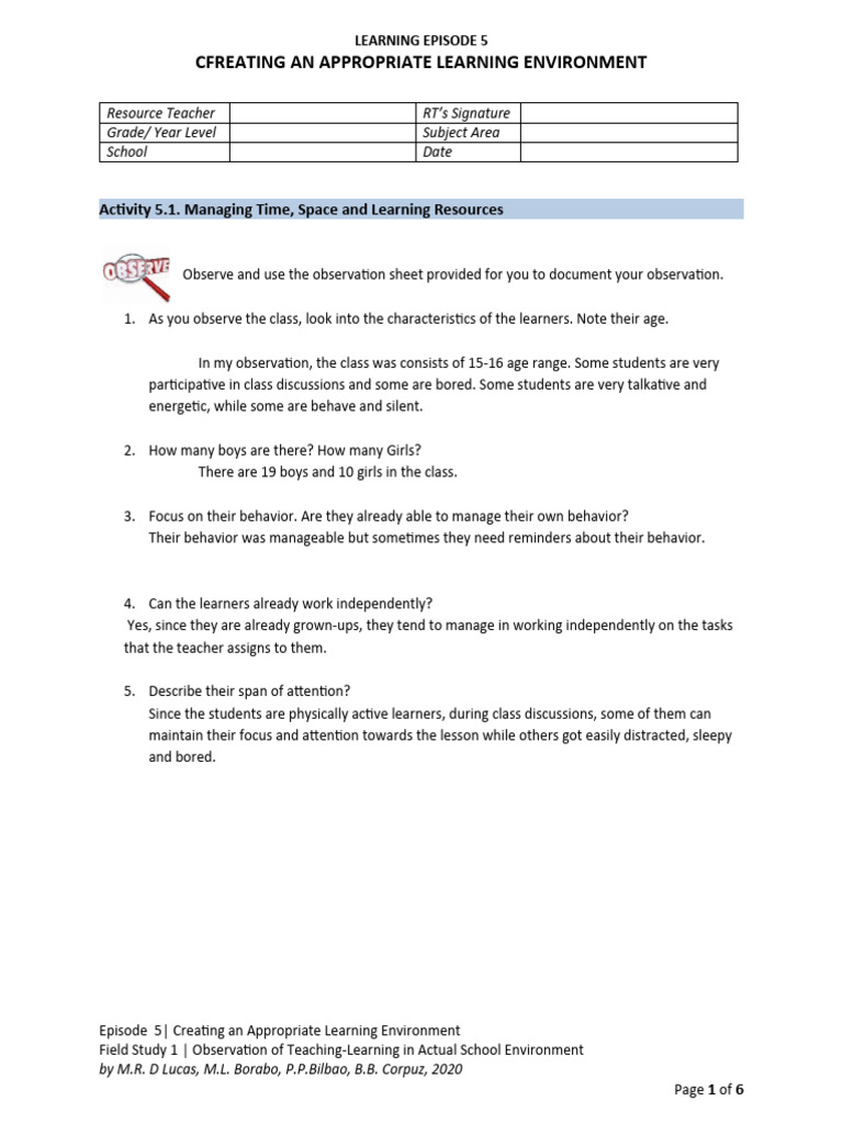 FS 1 Activity 5.1 | PDF | Learning | Classroom Management