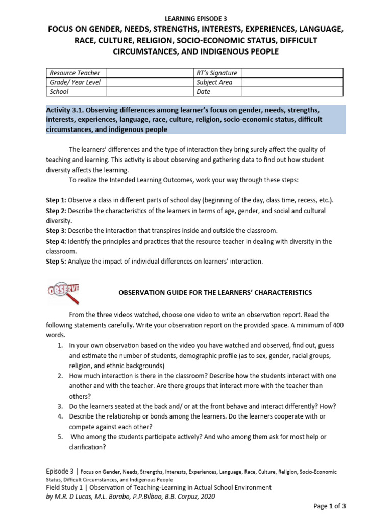 FS 1 Activity 3.1 | PDF | Learning | Socioeconomic Status