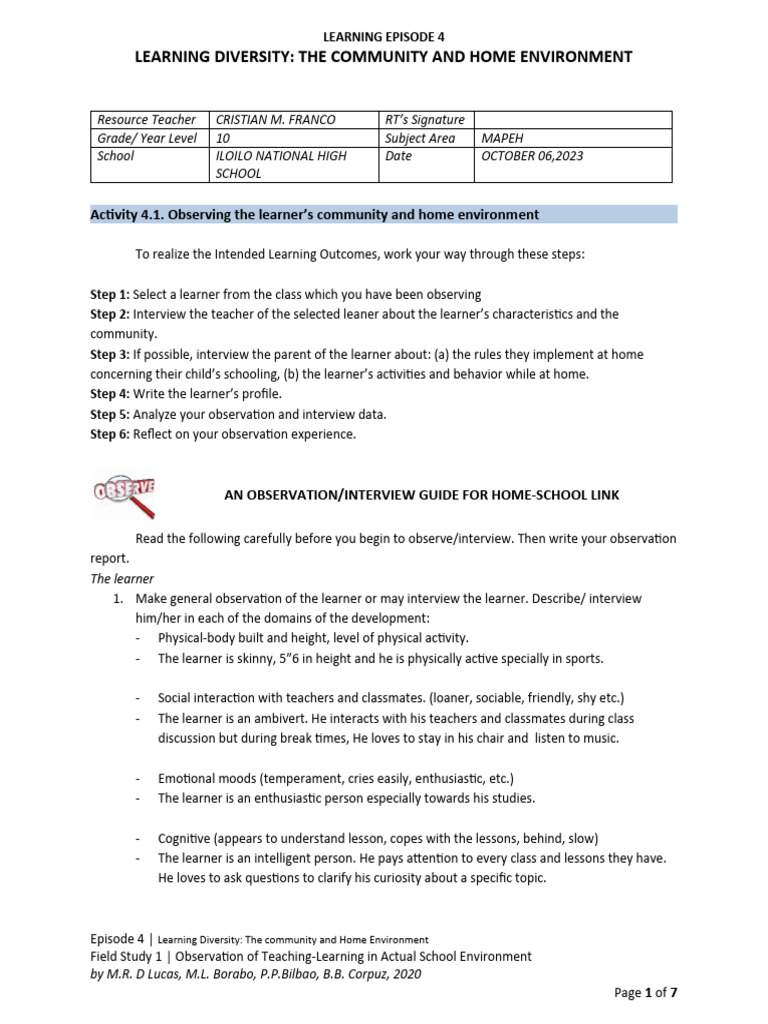 FS 1 Activity 4.1 | PDF | Learning | Parenting