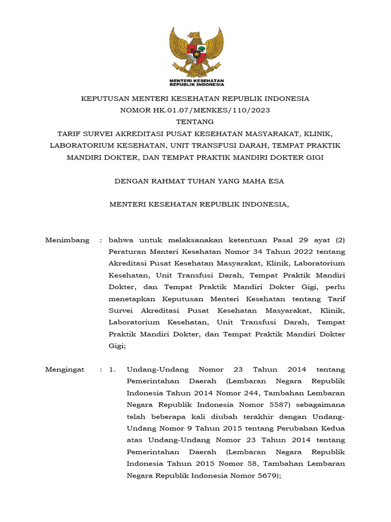 2023-Kepmenkes Nomor HK.01.07 - MENKES - 110 - 2023 Tarif Survei Akre | PDF