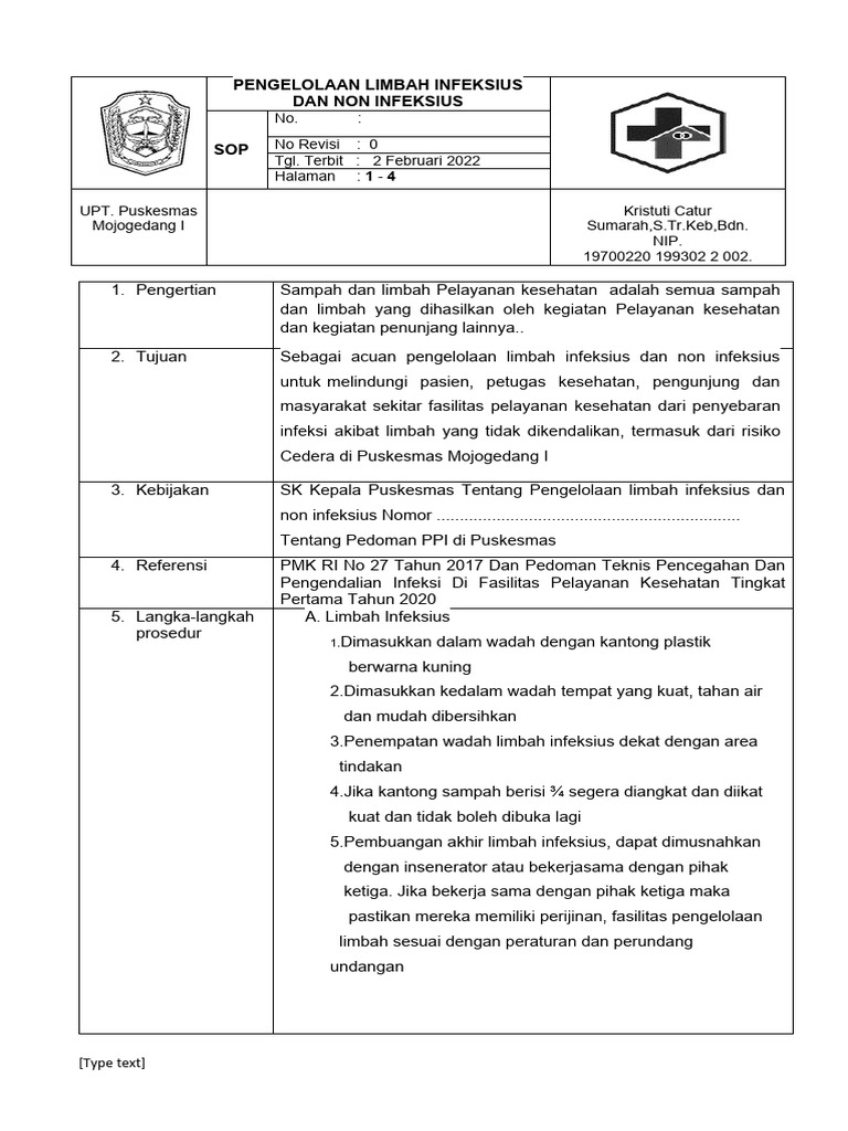 Sop Limbah Infeksius Dan Non Infeksius | PDF