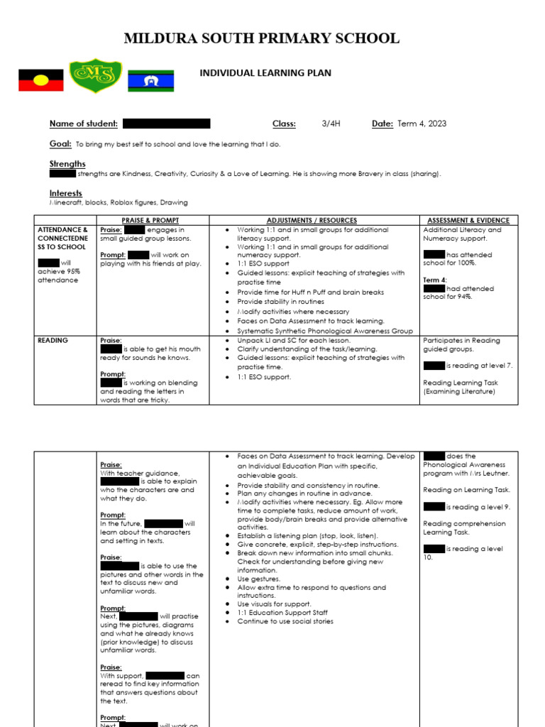 Mildura South Primary School: Individual Learning Plan | PDF | Reading Comprehension | Cognition