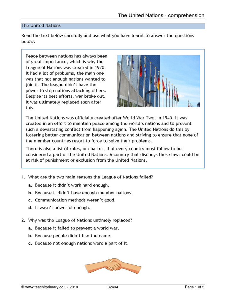 The United Nations - Comprehension: © WWW - Teachitprimary.co - Uk 2018 ...