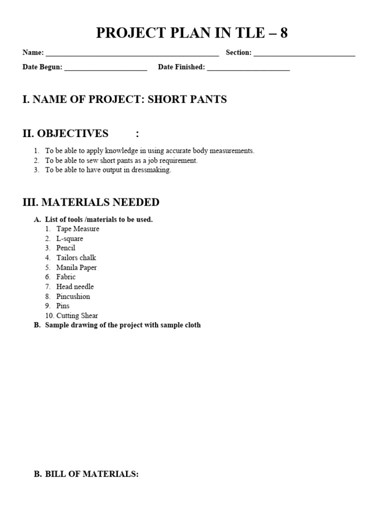 Dressmaking Project Plan: Short Pants | PDF
