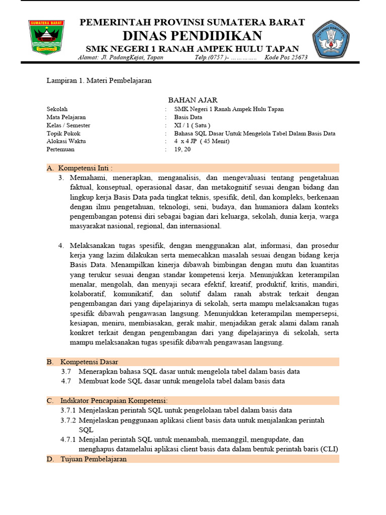 Bahasa SQL Dasar Untuk Mengelola Tabel Dalam Basis Data | PDF Bahasa SQL Dasar Untuk Mengelola Tabel Dalam Basis Data | PDF