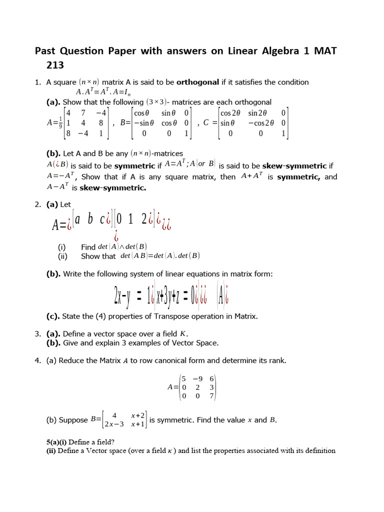 Past Question Paper With Answers On Linear Algebra 1 MAT 213 - Theory | Download Free PDF ...