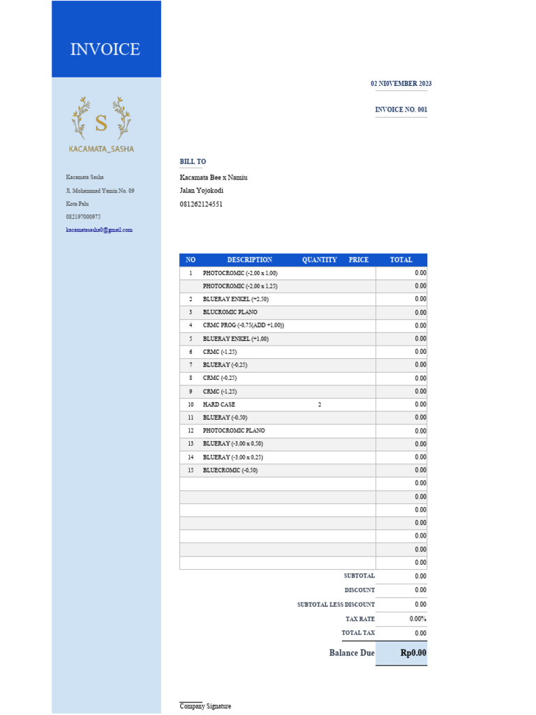 Invoice for Kacamata Sales in Palu | PDF