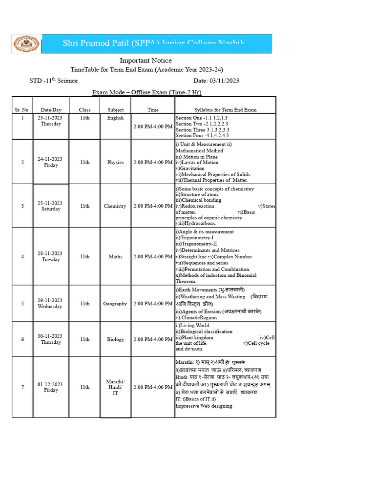 11th Sci Term End Time Table 2023-24 | PDF | Chemistry | Physical Sciences