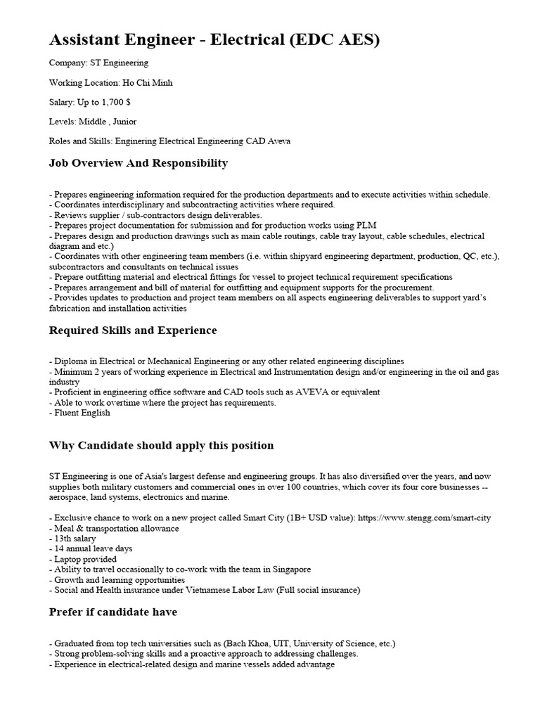 Electrical Engineer Job in Ho Chi Minh | PDF | Engineering | Singapore