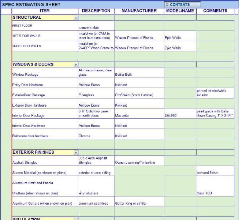 Spec Estimating Sheet | PDF | Door | Building Engineering