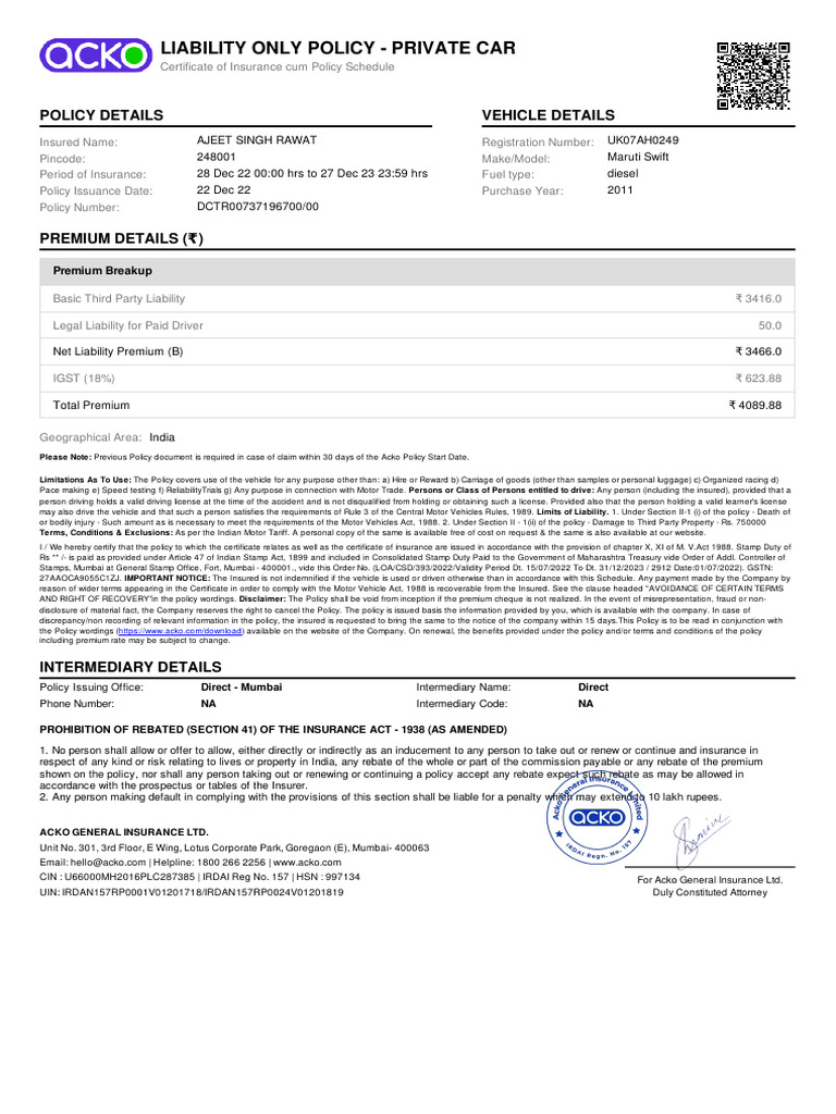 Acko Car Policy | Download Free PDF | Insurance | Liability Insurance
