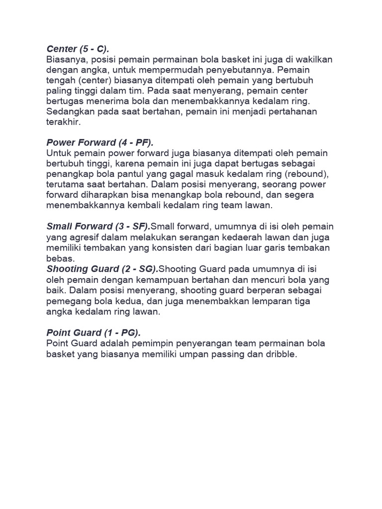 Posisi Pemain Basket dan Tugasnya | PDF