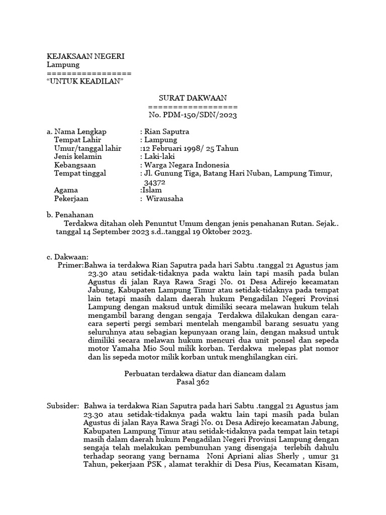 Contoh Surat Dakwaan Subsidair | PDF