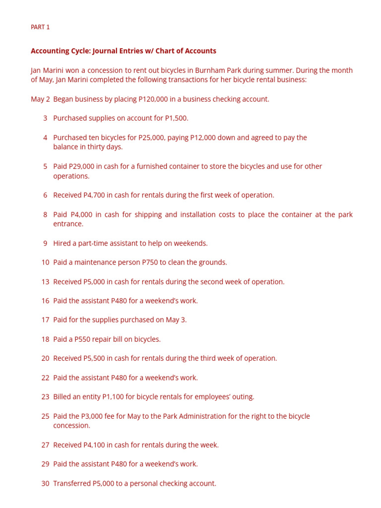 Accounting Cycle Journal Entries With Chart of Accounts | PDF | Expense ...